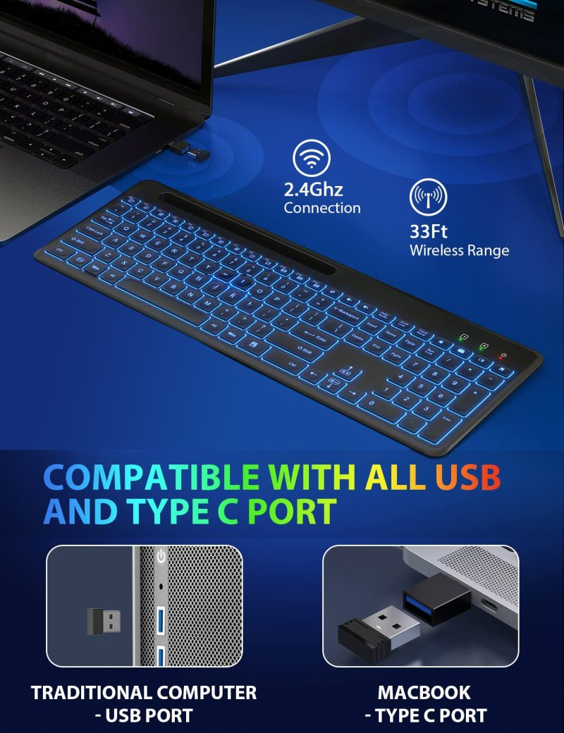 Super Slim Wireless Keyboard with Backlit 7 Colors,Phone Holder and ...
